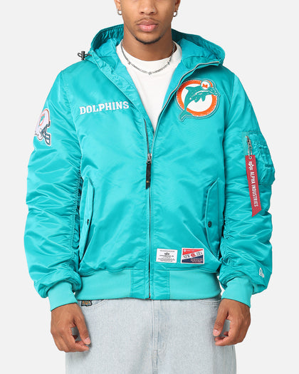 New Era Miami Dolphins Alpha Industries L-2B Hooded Bomber Jacket Turq ...