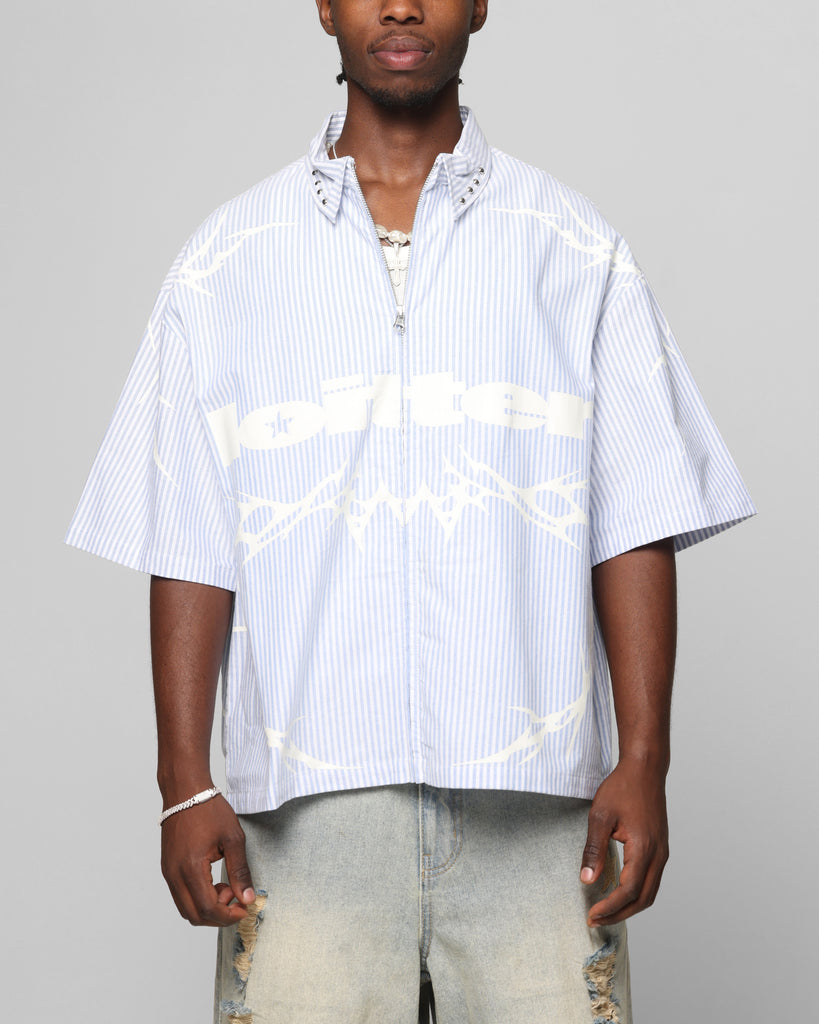 Loiter Cyber Zip Up Short Sleeve Shirt Blue Pin Stripe | Culture Kings US