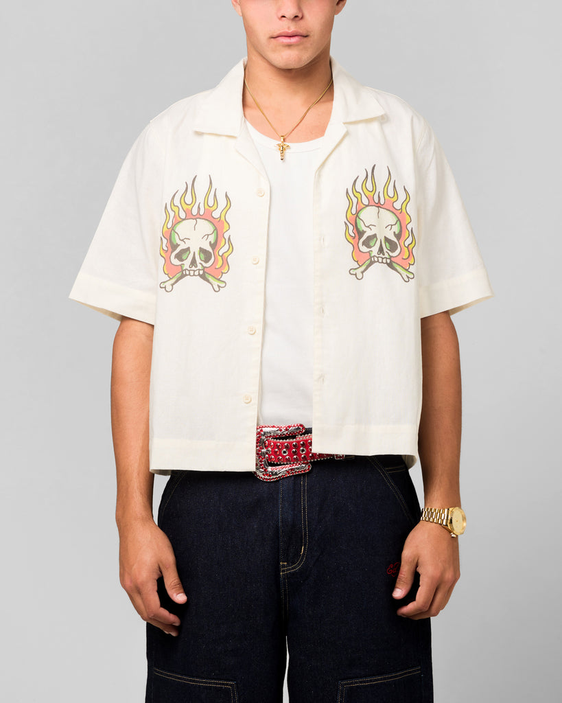 Ed Hardy Flaming Skull Button Up Shirt Off White | Culture Kings US