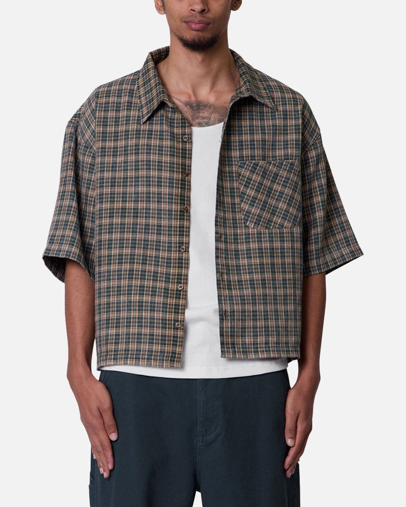 MNML Washed Poplin Over Button Up Shirt Green/Brown | Culture Kings US